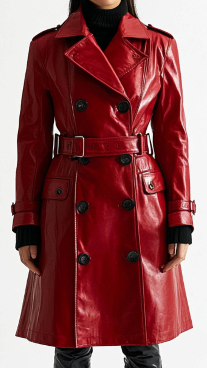 Aria Leather Red Long Coat - Women Long Coat Red