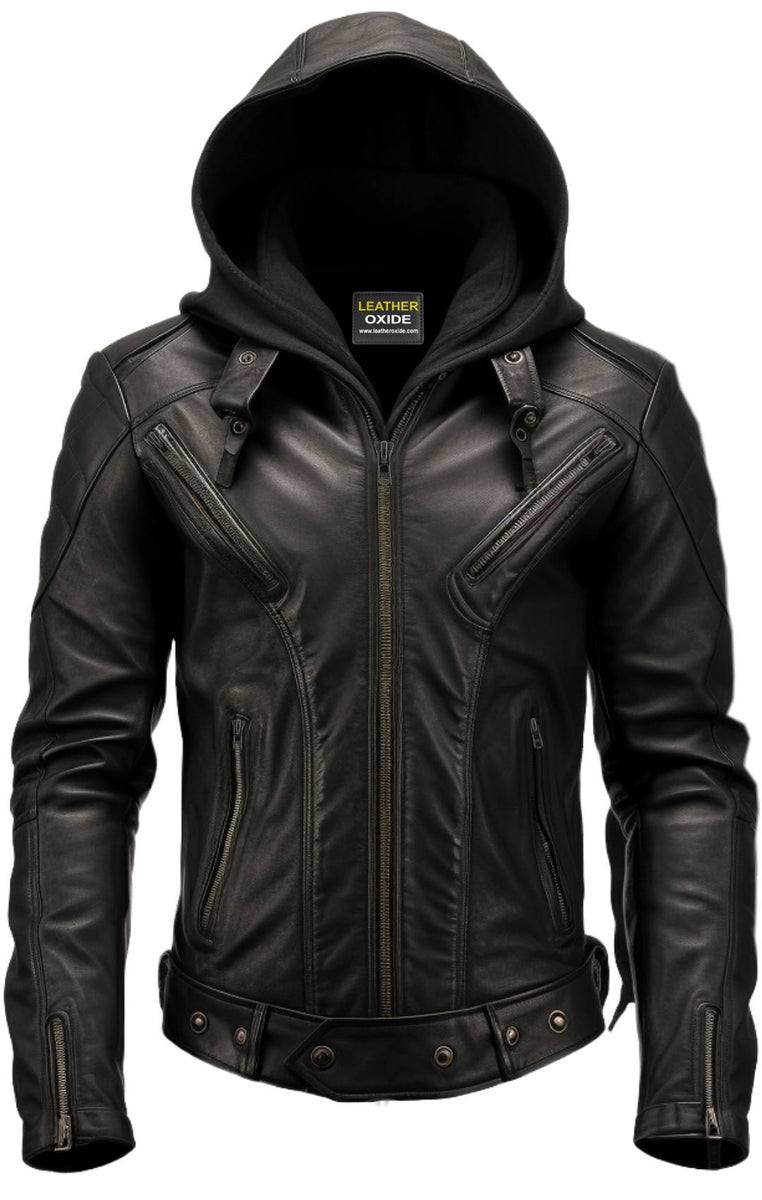 Shop Men Hooded Leather Jacket - Hooded Black Leather Jacket