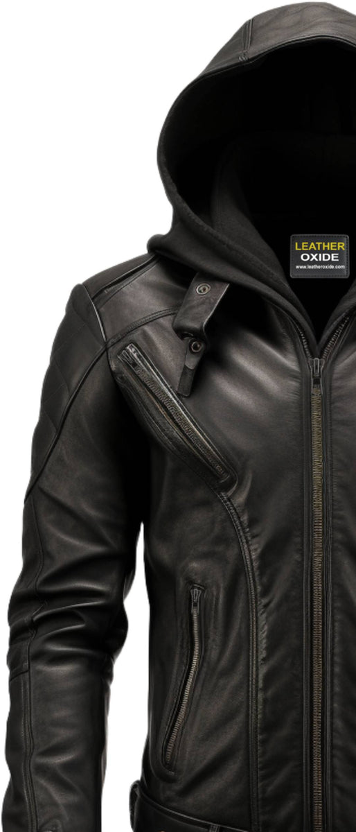Shop Men Hooded Leather Jacket - Hooded Black Leather Jacket