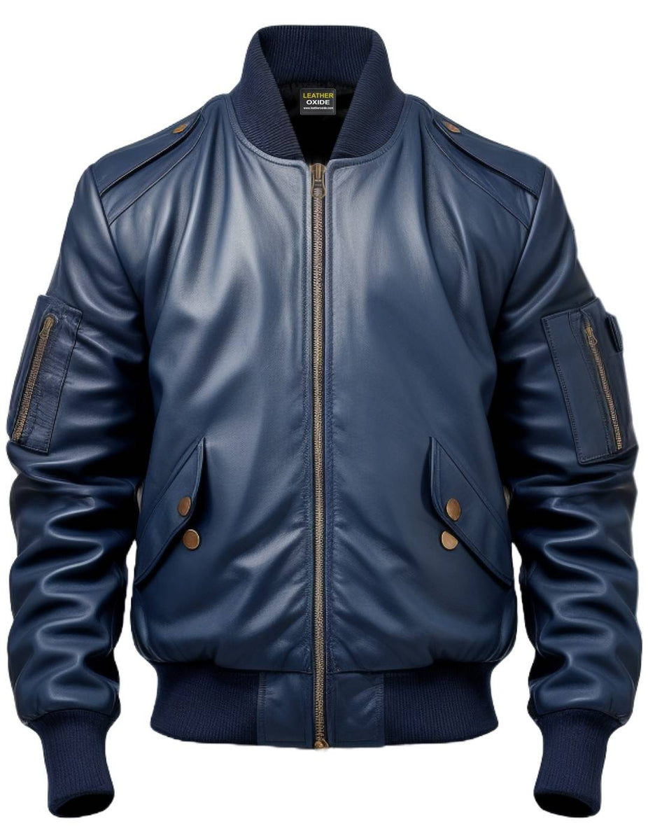 Buy Men Flight Bomber Blue Leather Jacket - Bomber Leather Jacket