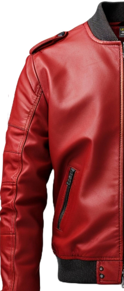 Men Stylish Red Bomber Leather Jacket - Bold & Trendy