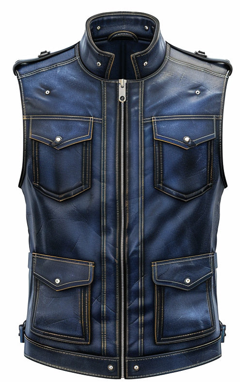Stylish Men Blue Distressed Leather Vest, Rugged & Trendy