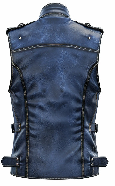 Stylish Men Blue Distressed Leather Vest, Rugged & Trendy
