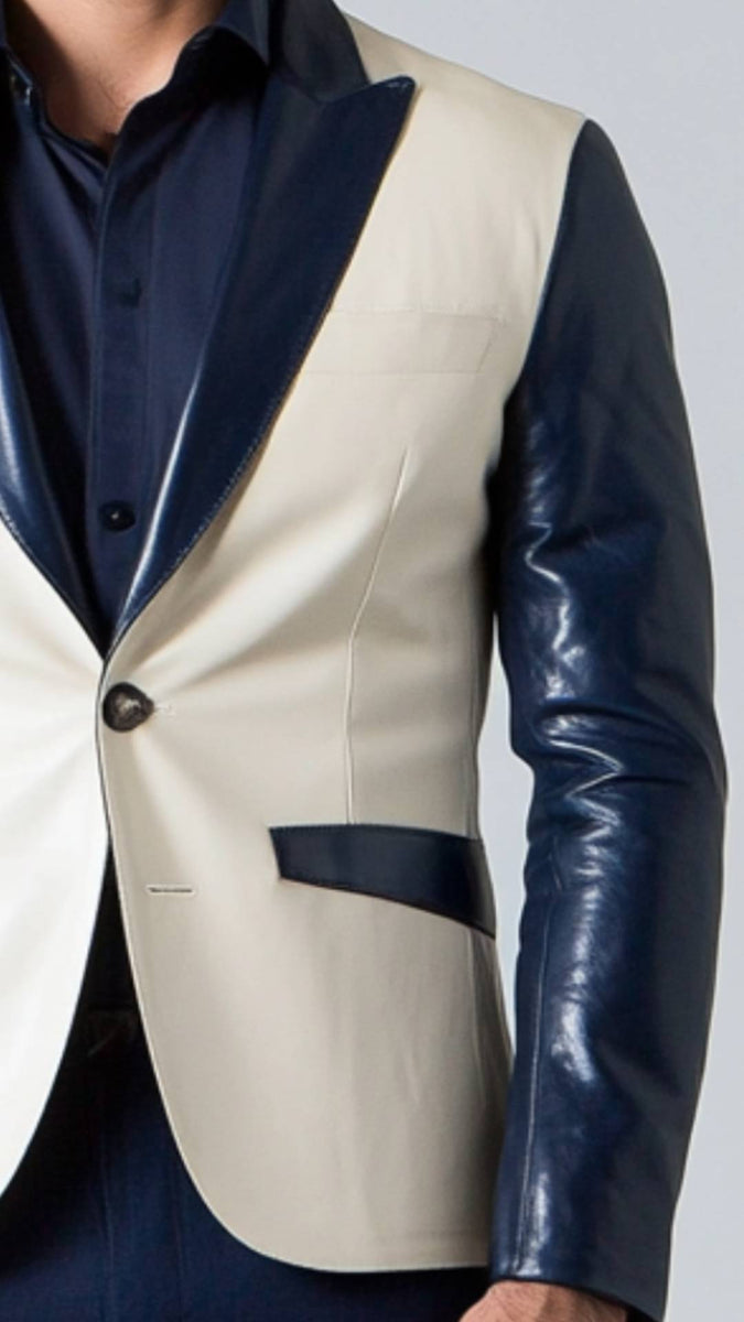 Leo White & Blue Leather Blazer - Leather Blazer for Men White & Blue